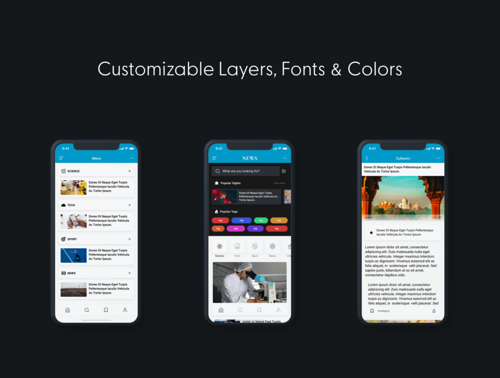 精选免费新闻资讯阅读手机iOS APP UI套件 News Reader Mobile App UI Kit