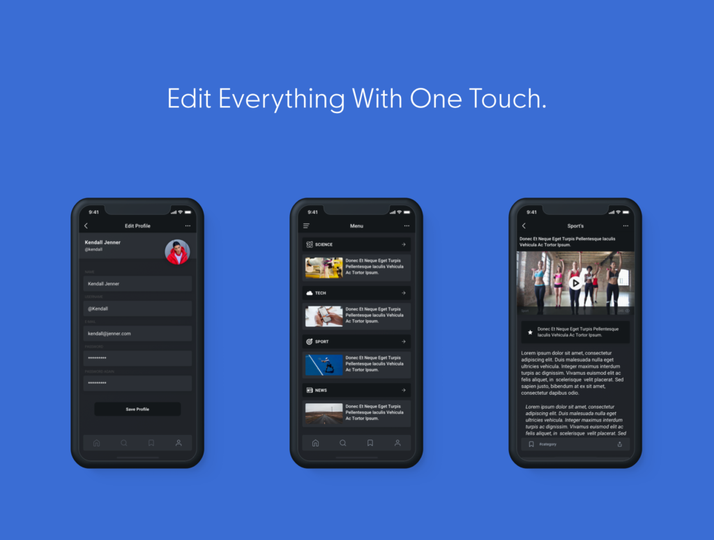 精选免费新闻资讯阅读手机iOS APP UI套件 News Reader Mobile App UI Kit