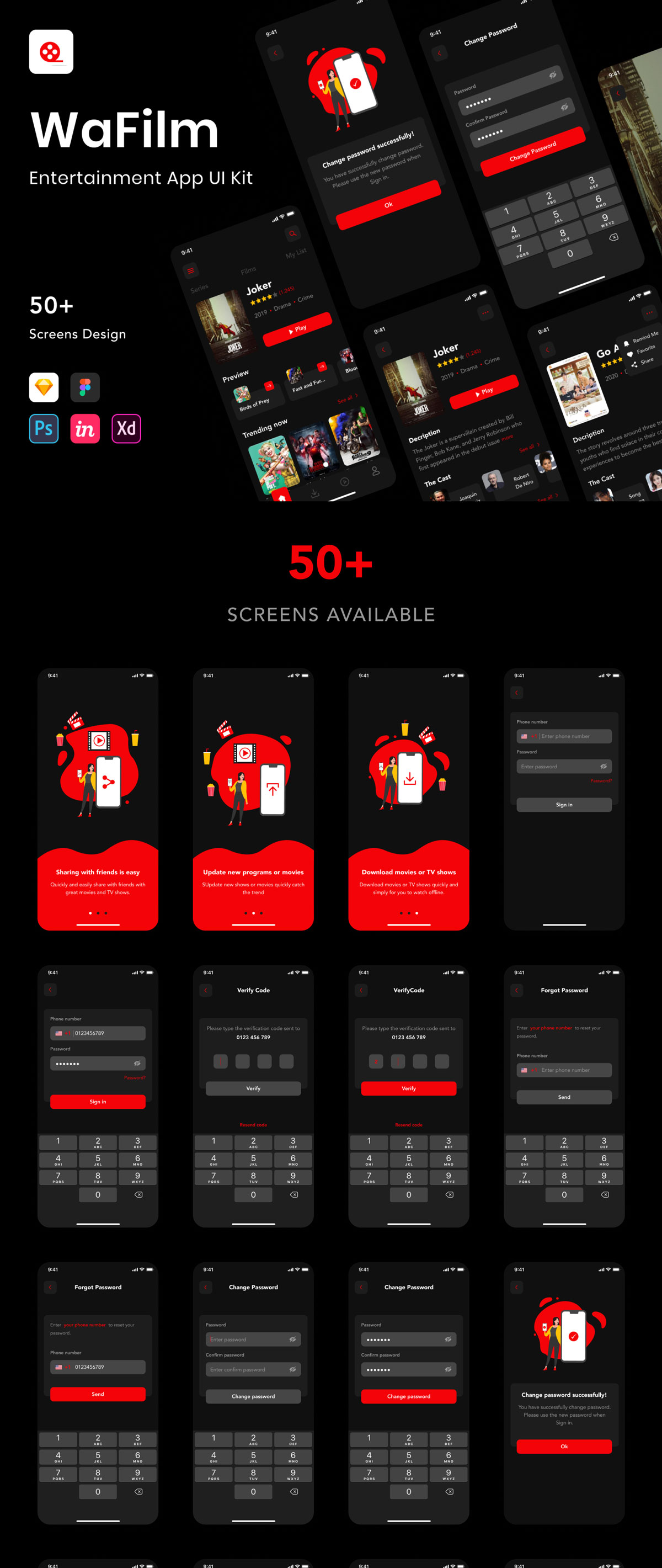 现代暗黑色电影视频娱乐APP应用程序界面设计UI套件 WaFilm - Entertainment App UI Kit