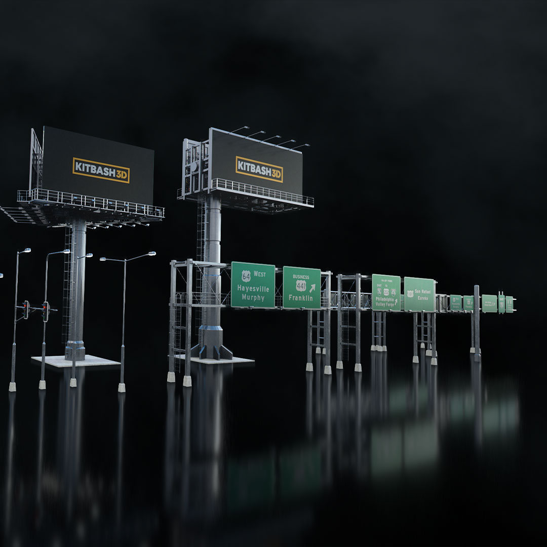 高速公路道路网路标指示牌设计3d模型素材 Kitbash3D - Props Highways