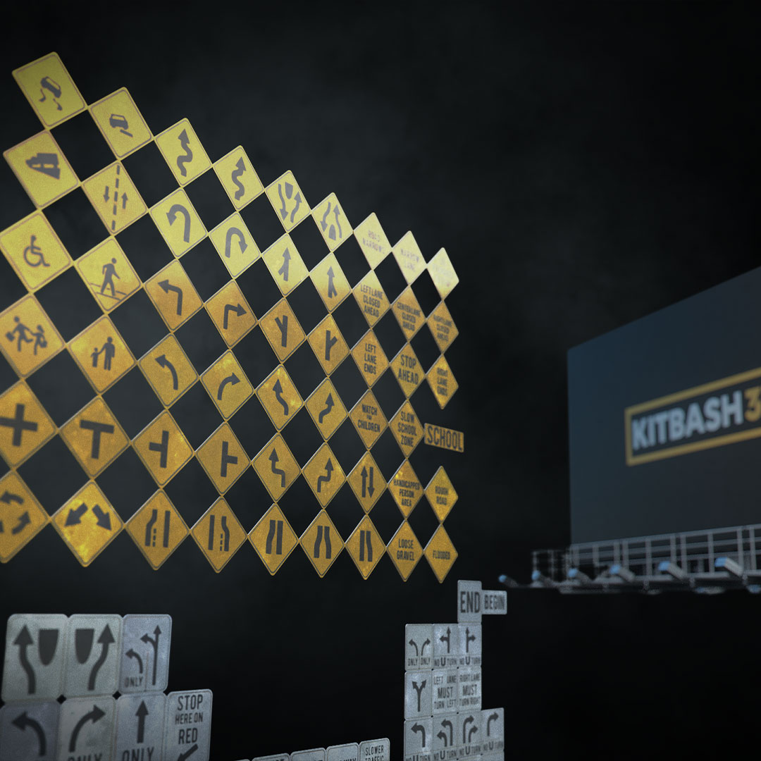 高速公路道路网路标指示牌设计3d模型素材 Kitbash3D - Props Highways