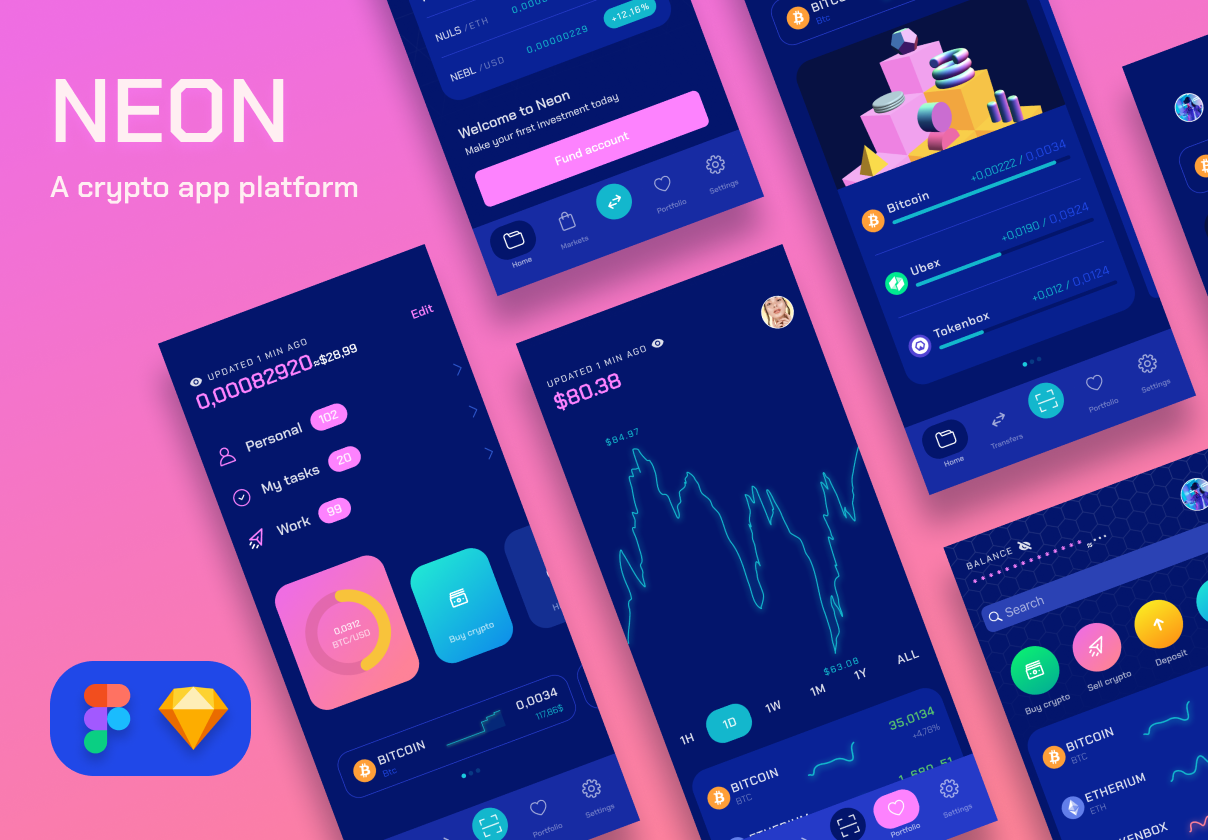 霓虹灯效果加密钱包金融APP UI套件素材 Neon Ui Kit