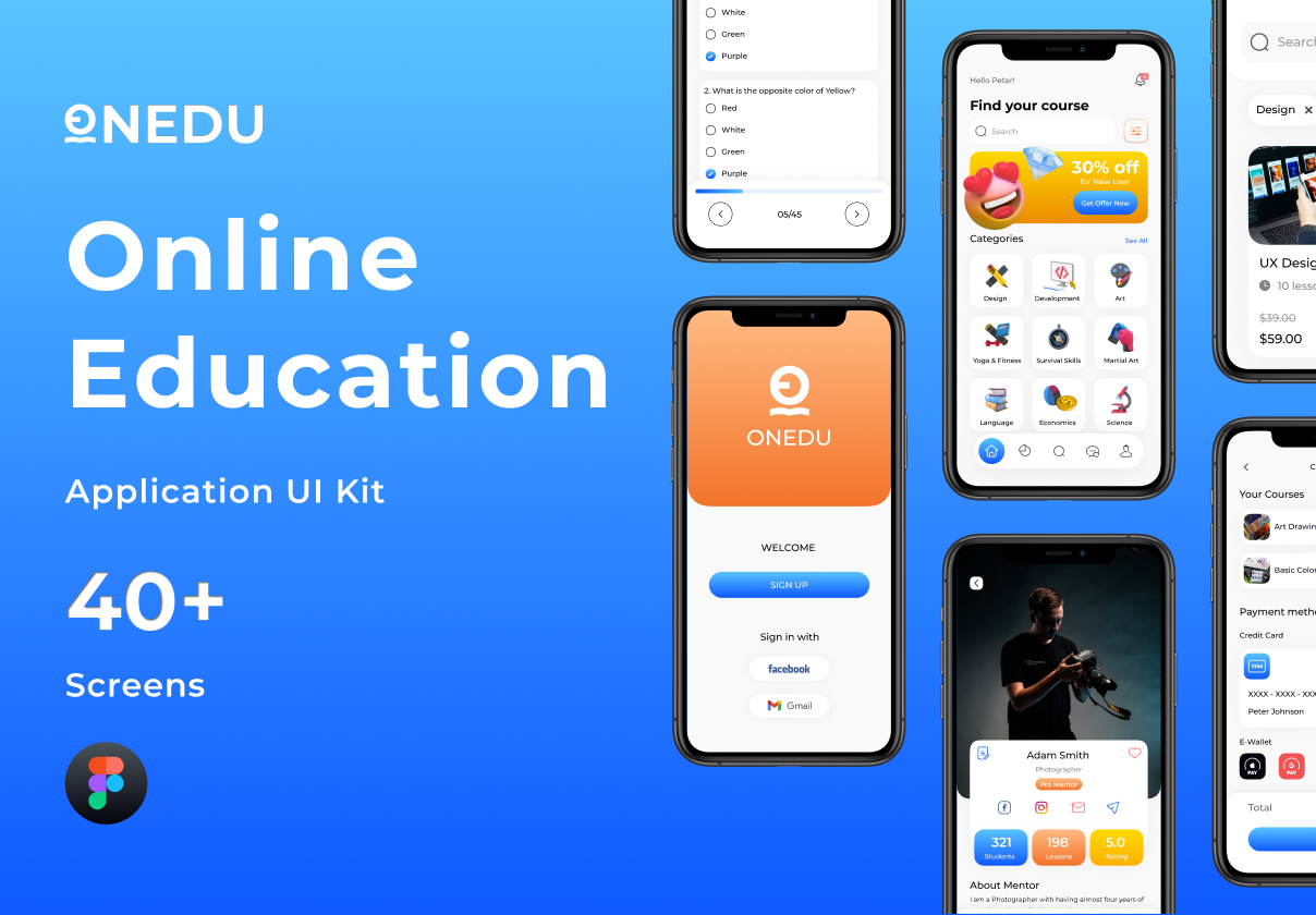 在线教育课程学习应用程序APP UI套件素材 ONEDU - Online Education App UI Kit