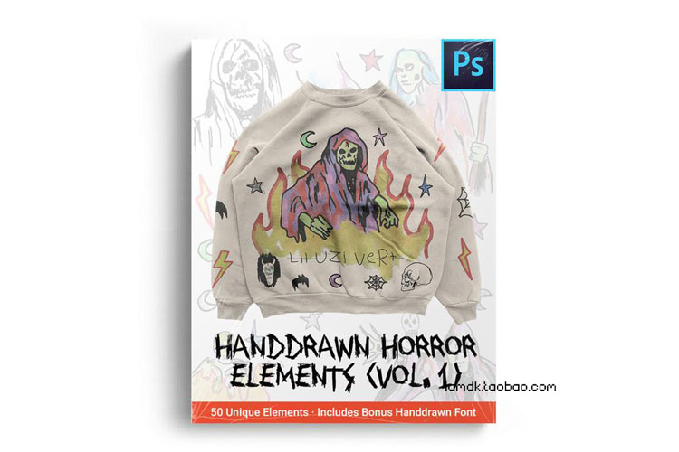 潮流复古酸性恐怖手绘元素艺术美式风格卡通剪贴画插画PS设计素材 FULLERMOE - Handdrawn Horror Elements ...