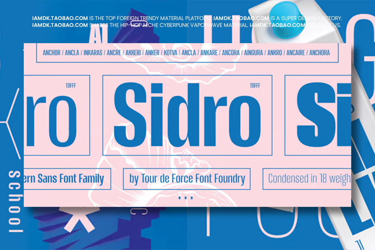 现代独特包装杂志品牌logo标题设计挤压无衬线英文字体家族 Sidro Font Family
