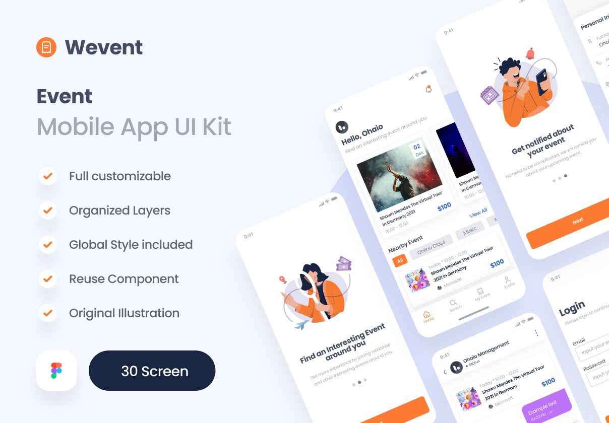 30屏现代时尚活动预订app软件应用程序界面设计ui套件 Wevent - Event Booking App UI Kit
