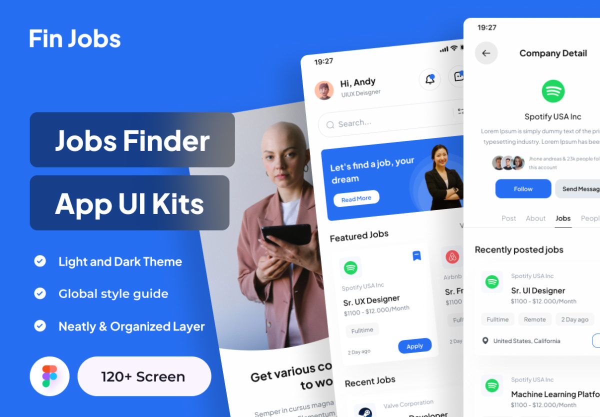 极简求职应聘找工作应用程序app界面设计ui套件素材 Fin Jobs - Jobs Finder App UI Kits