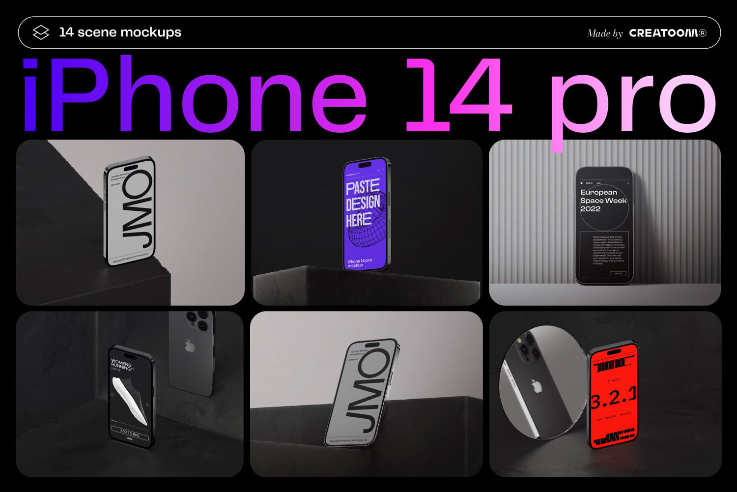 14款iPhone14苹果手机App界面ui设计作品贴图ps样机素材展示效果 iPhone 14 pro mockups (14 scenes)