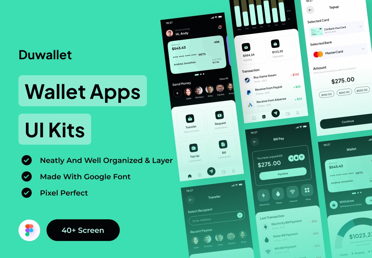 40多个屏高级金融钱包理财app应用程序界面设计ui套件 Duwallet - Wallet Apps UI Kits