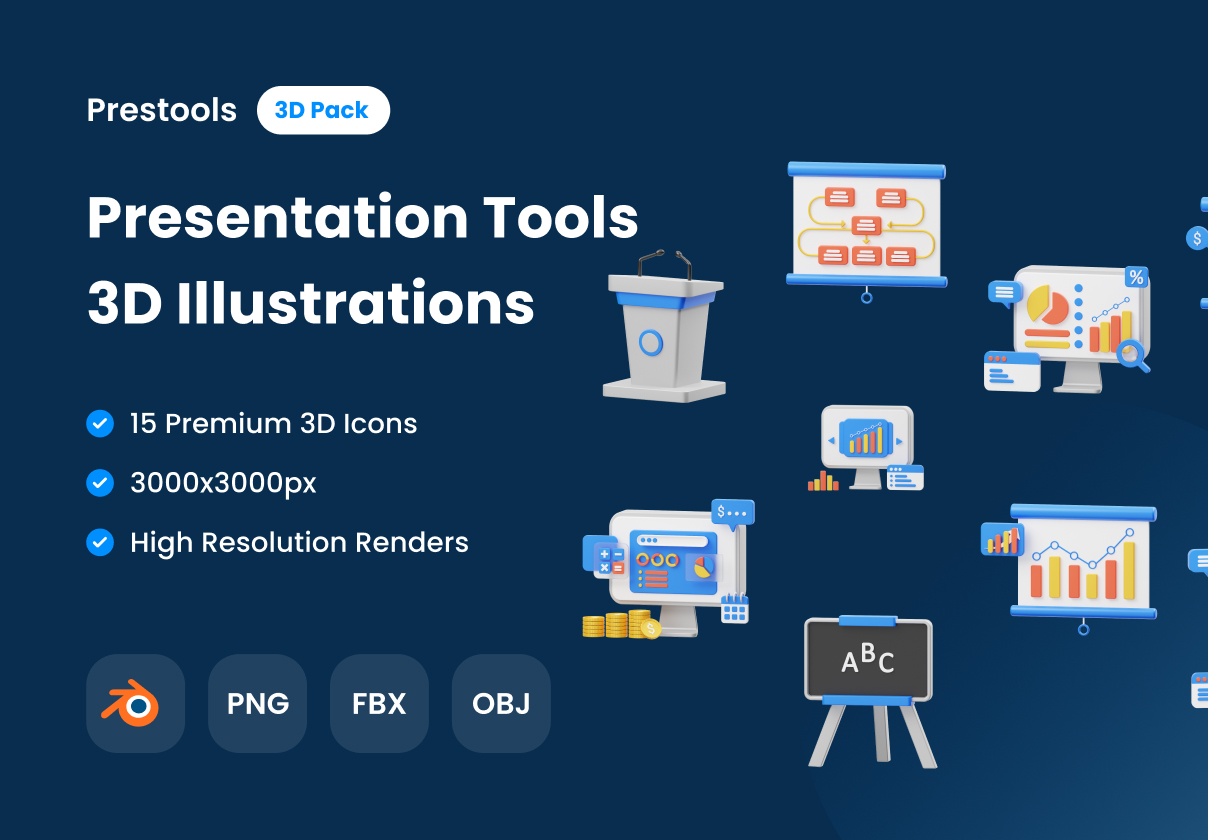 15个数据信息图表app界面演示文稿设计3d立体图标素材包 KOKPRESENTATION - 3D Presentation Tools Icons