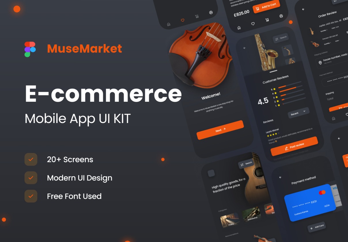 20多屏高级电子商务商城在线购物软件app界面设计ui套件 Muse Market E-ccomerce Mobile App UI Kit