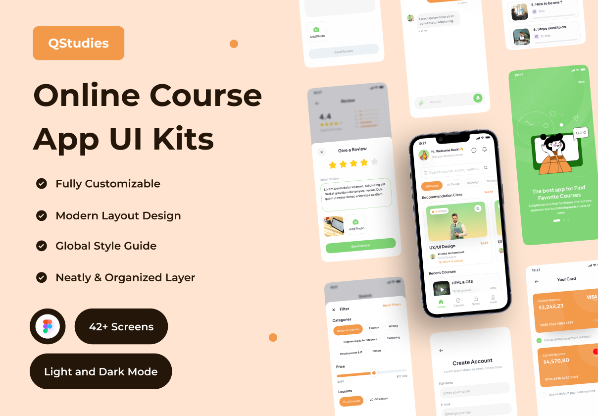 42多屏时尚在线学习教育课程上课app应用程序界面设计ui套件 Qstudies - Online Course App UI Kit