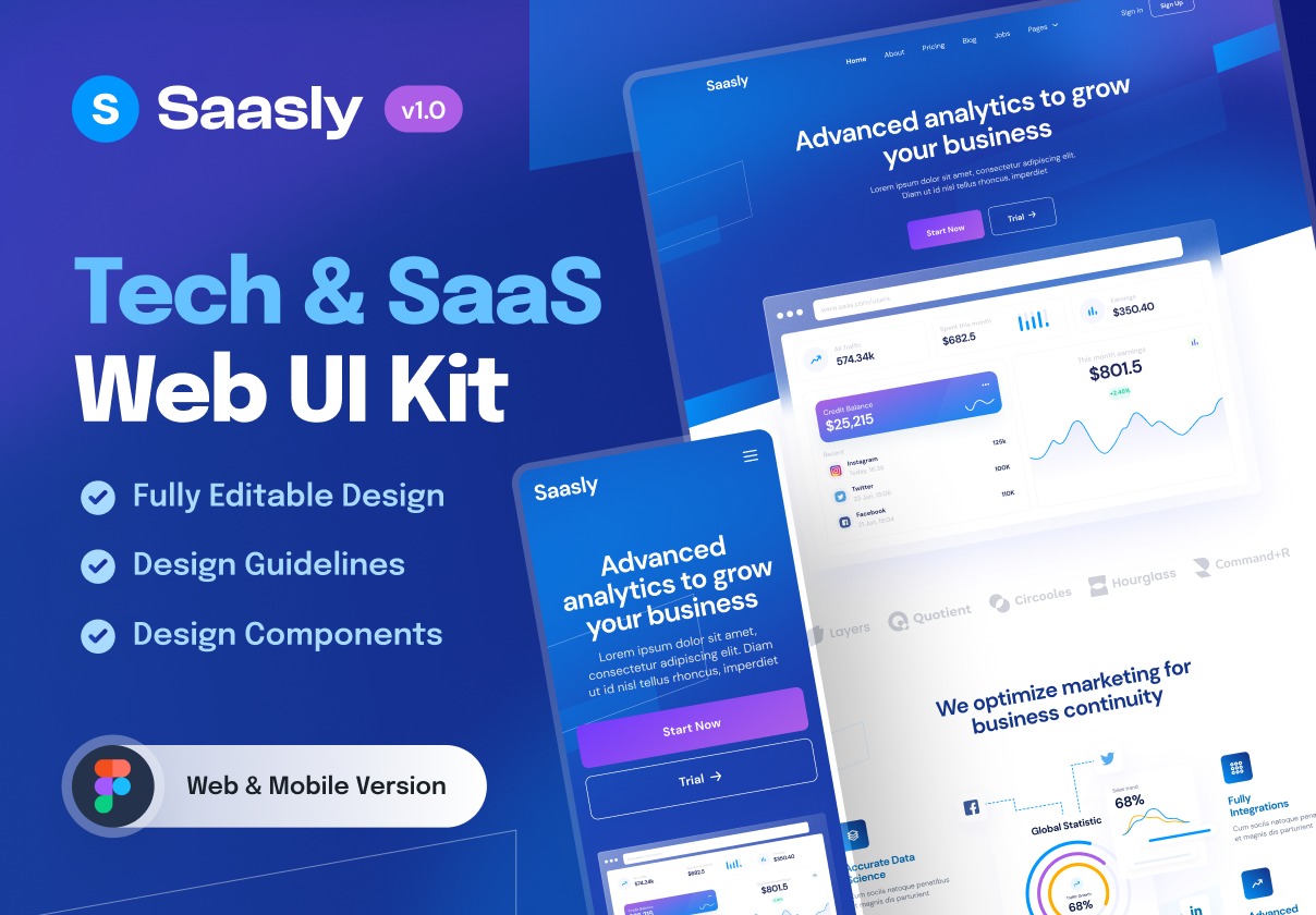 60多屏SaaS数字信息科技网站app界面设计ui套件figma模板素材 SaaSly - Tech & SaaS UI Kit