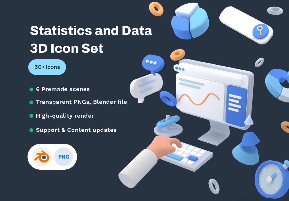 30多个数据表统计信息图表3d立体图标icon设计素材套装 Statistics and Data 3D Icon Set