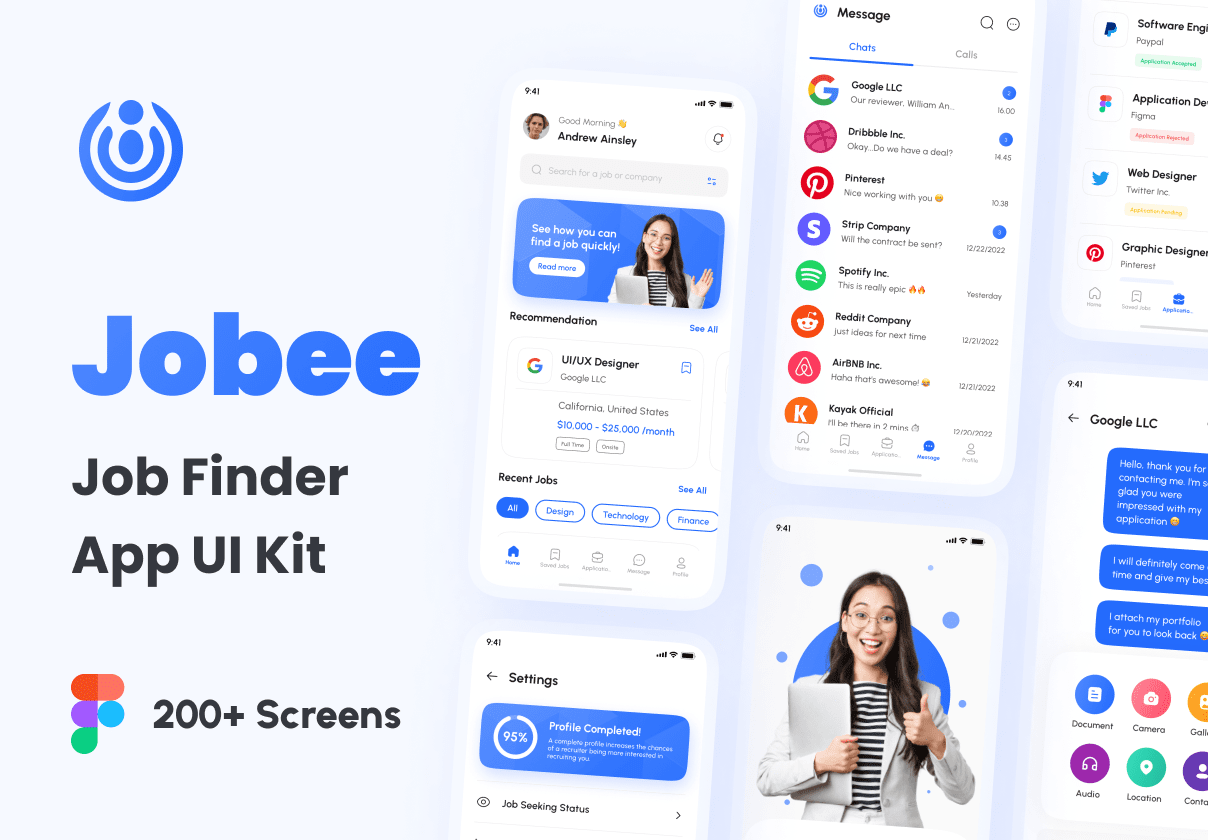 200多屏找工作应聘求职app应用程序界面设计ui套件素材 Jobee - Job Finder App UI Kit