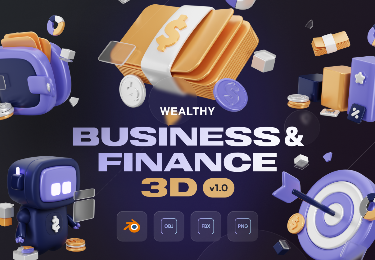 20个独特3D立体金融商业货币银行主题图标icons设计素材包 Wealthy - Business & Finance 3D Icon Set