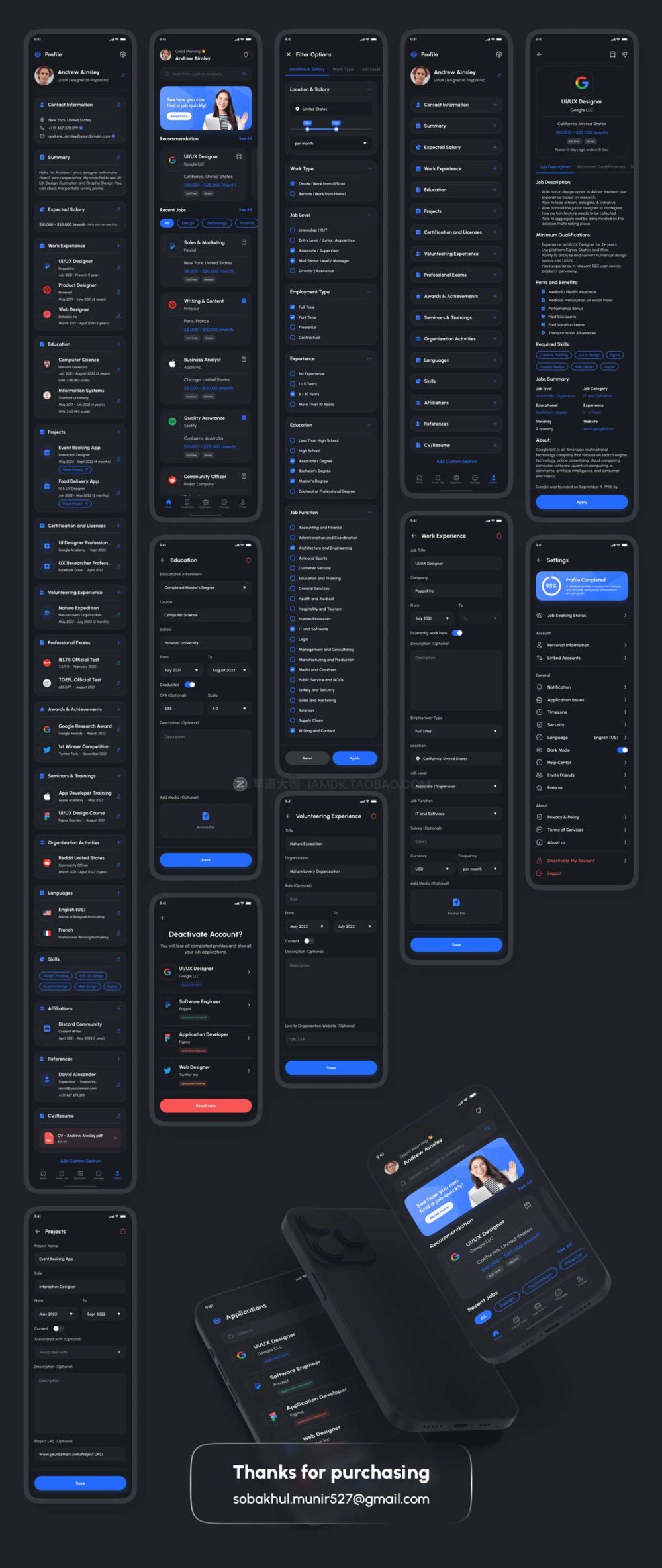 200多屏找工作应聘求职app应用程序界面设计ui套件素材 Jobee - Job Finder App UI Kit