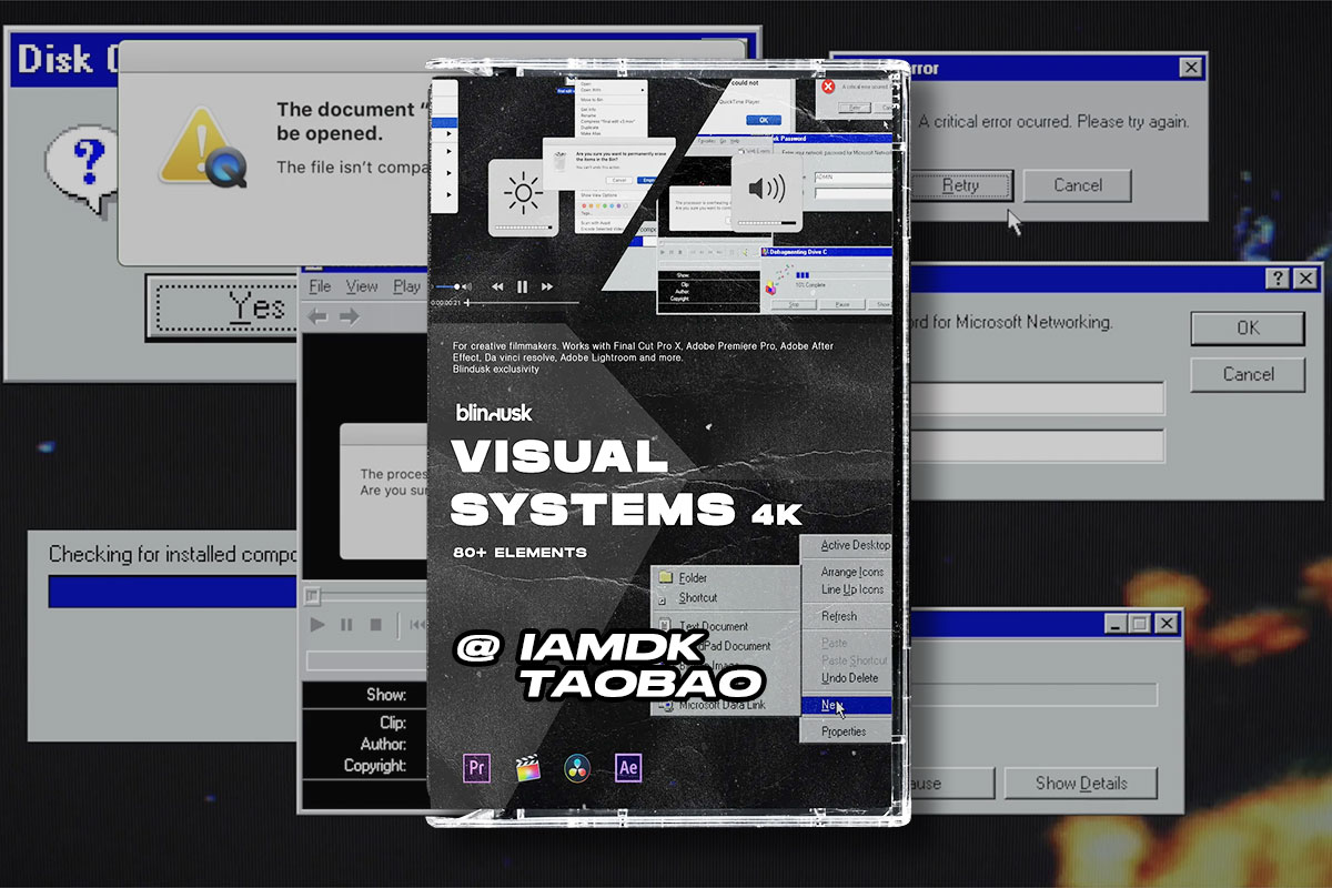 85组嘻哈复古Windows98/Mac电脑窗口边框对话框4k视频+音效套装 Blindusk Visual Systems