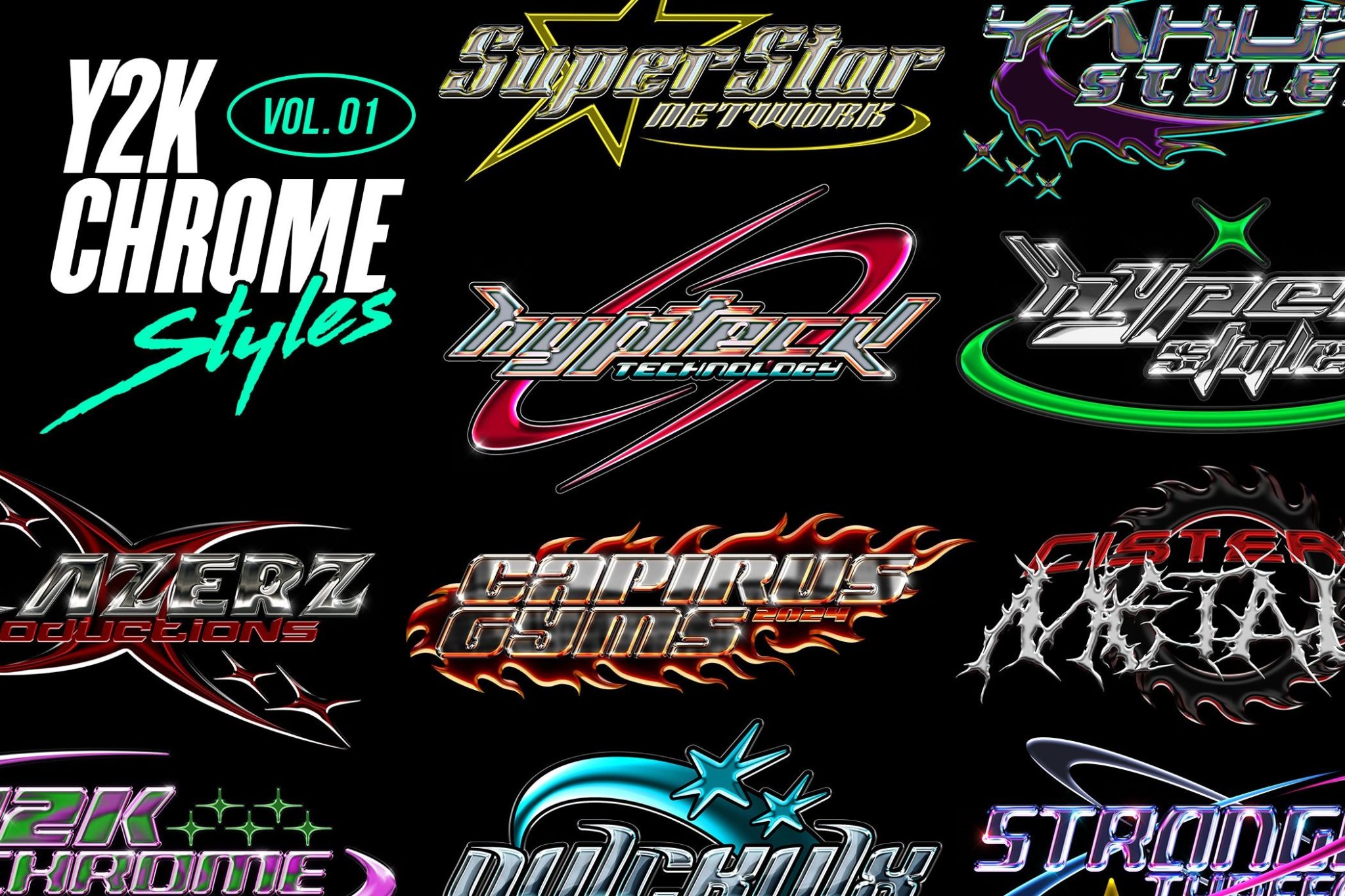 10款复古Y2K金属质感3D镀铬文字LOGO标题PSD特效样机源文件 Y2K Chrome Text Effects