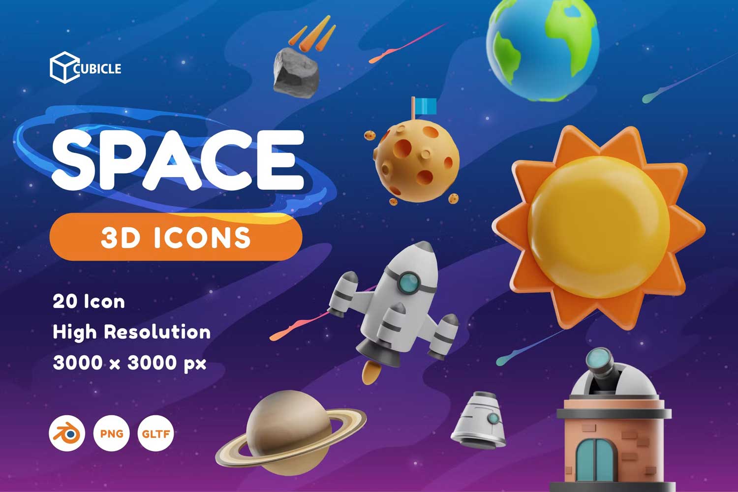 20个高级宇宙太空星球宇航员3D图标Icons设计素材包 Cubicle - Space 3D Icon