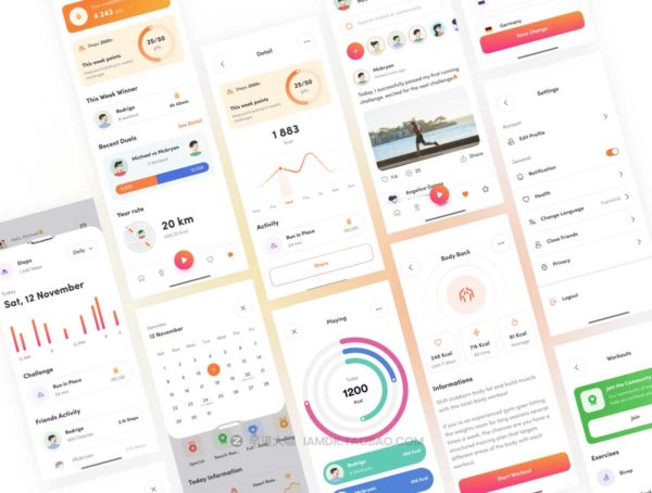 40+屏现代专业体育锻炼健身软件APP界面设计UI套件素材 Carefit - Workout & Fitness App