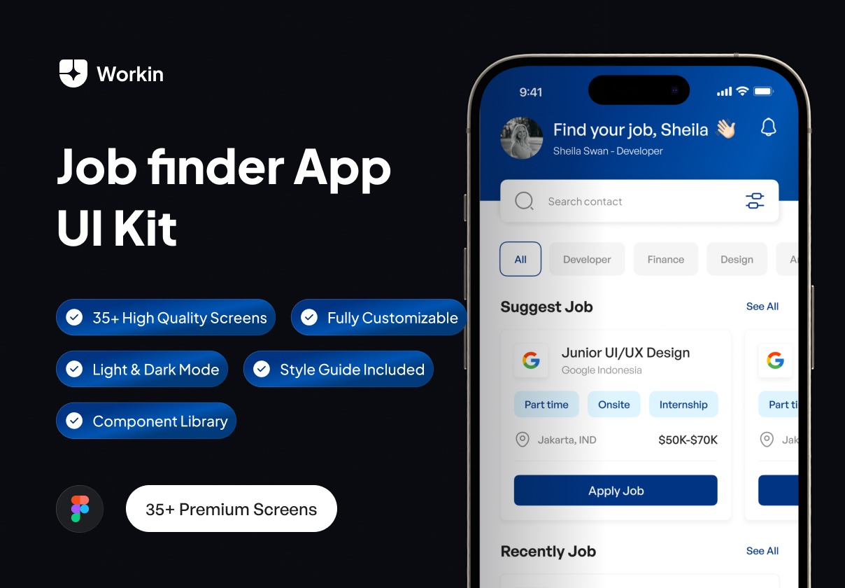 35+屏在线找工作求职应聘软件APP界面设计Figma模板套件 Workin - Job finder App UI Kit