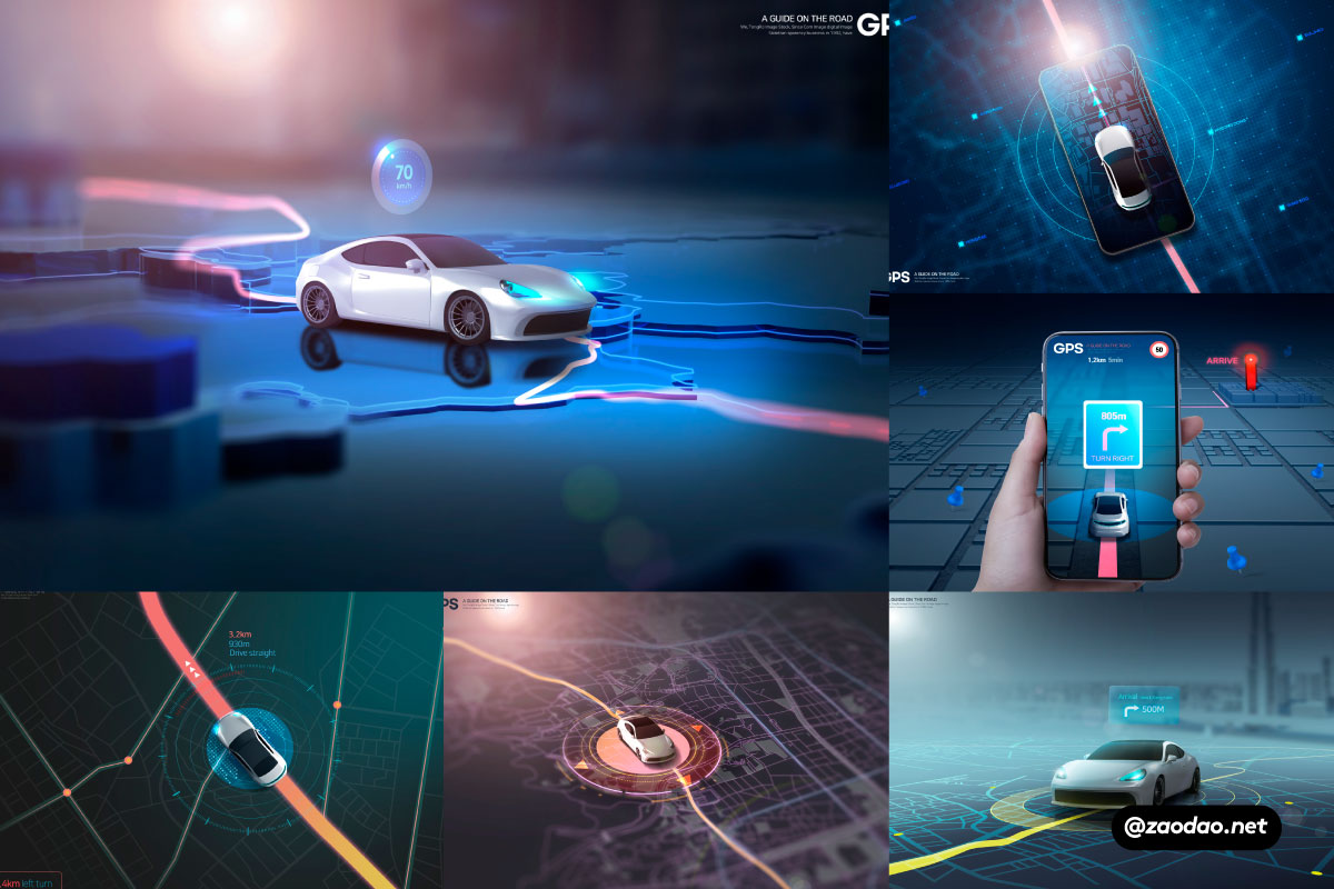 8款创意汽车智能无人驾驶科技导航背景海报设计PSD分层模板源文件 Car driverless navigation poster template