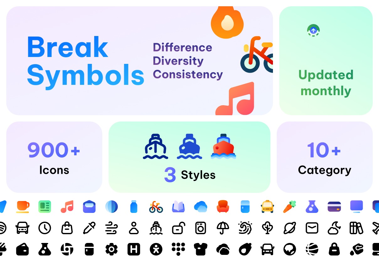 900+款时尚网站APP用户界面设计矢量线稿图标Icons设计Figma素材 Break Symbols