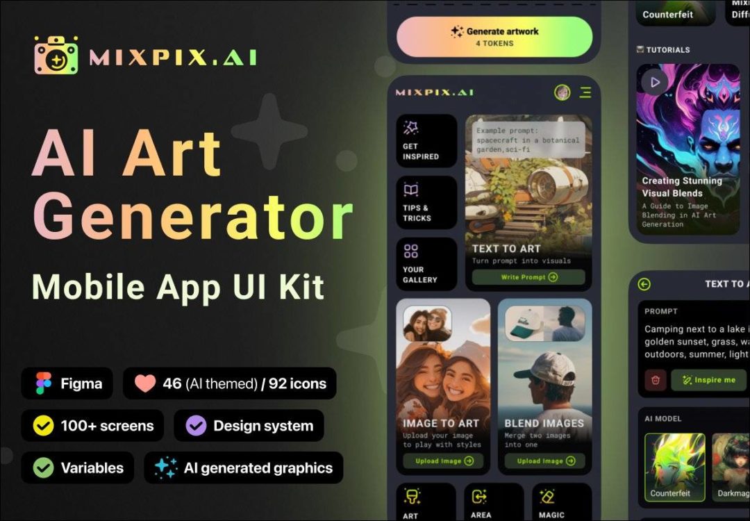 100+屏AI智能艺术绘画图片在线生成器APP用户界面设计Figma模板套件 UI KIT AI Art Generator App ...