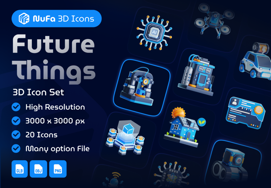 20款未来科幻AI智能芯片VR无人机网络科技三位立体3D图标Icons设计素材 Future Things 3D Icon Set