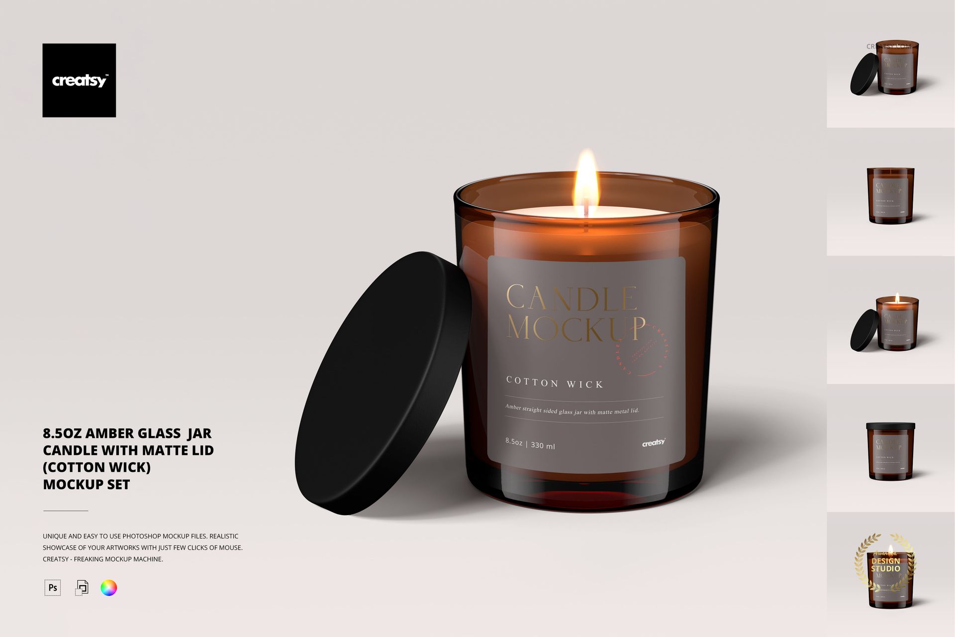 5 PS Amber Glass Jar Candle Mockup Set 5 PS Amber Glass Jar Candle Mockup Set