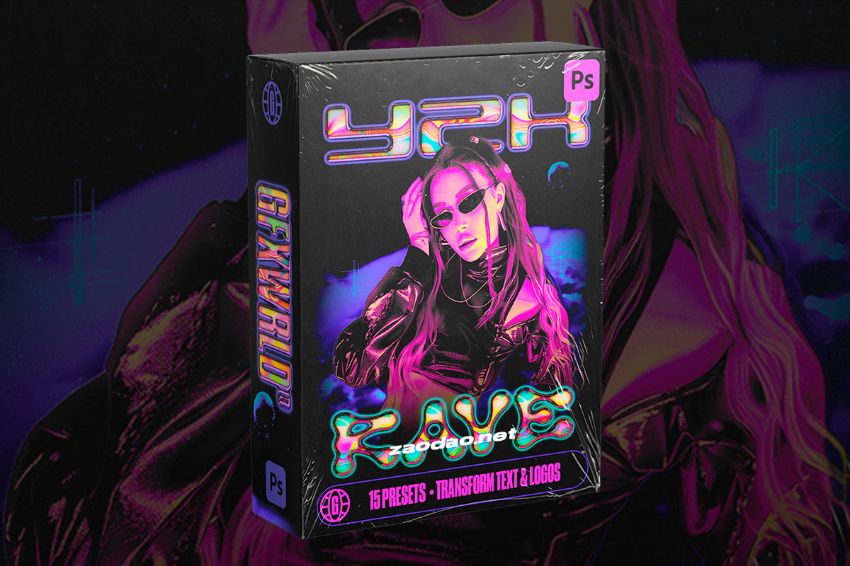 90年代复古Y2K千禧风全息渐变霓虹效果3D立体海报标题字体设计PS样式预设 GFXWRLD - Y2K Rave Text Styles ...