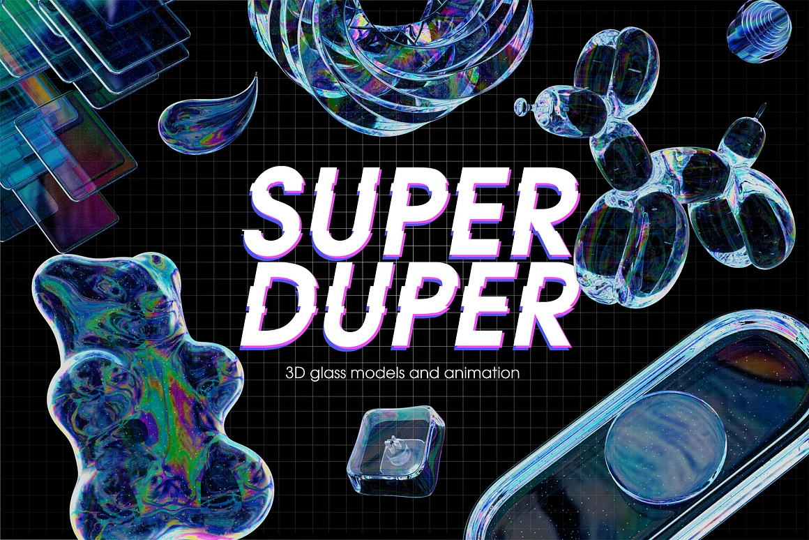 12款科幻全息镭射透明玻璃水晶3d潮流几何mov动态图形/png免抠图套装Super Duper 3d models & animation