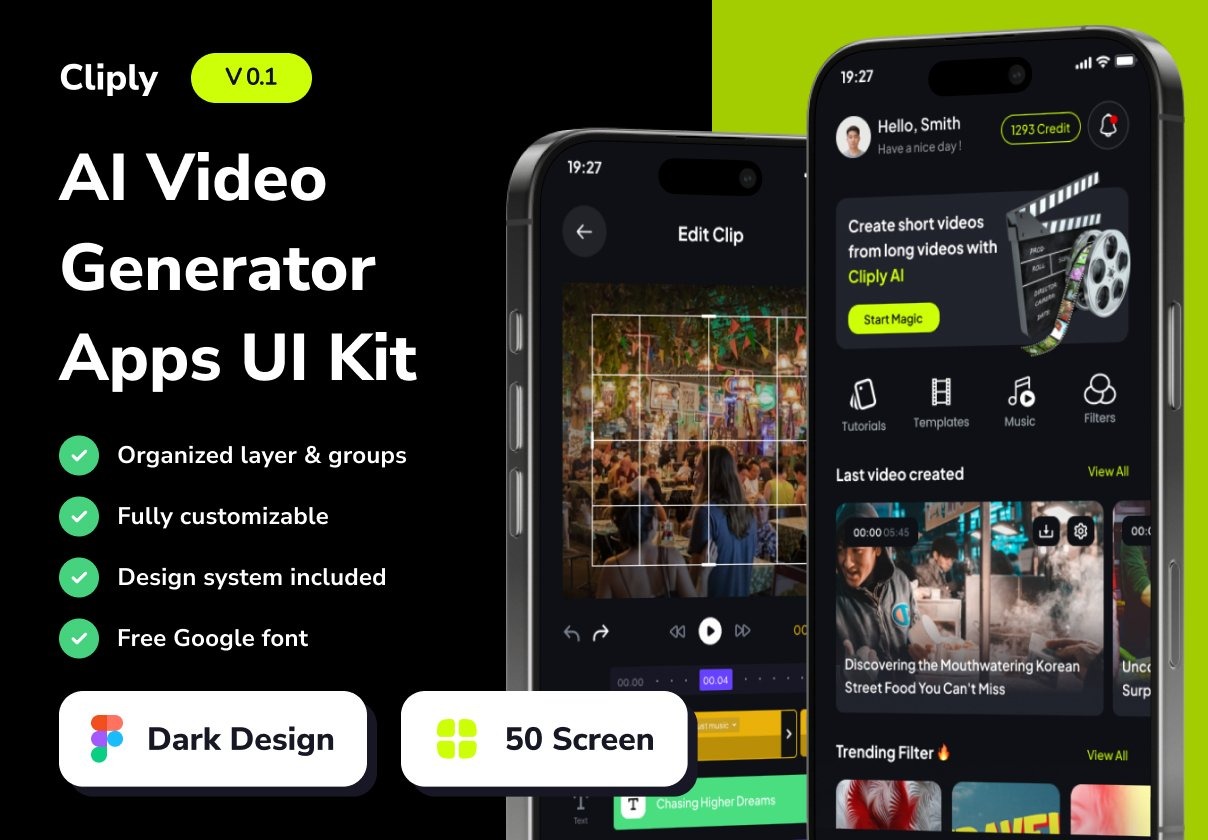 50屏暗黑系Ai智能短视频剪辑创作生成器APP UI界面设计Figma模板套件素材 Cliply - AI Sort Video ...