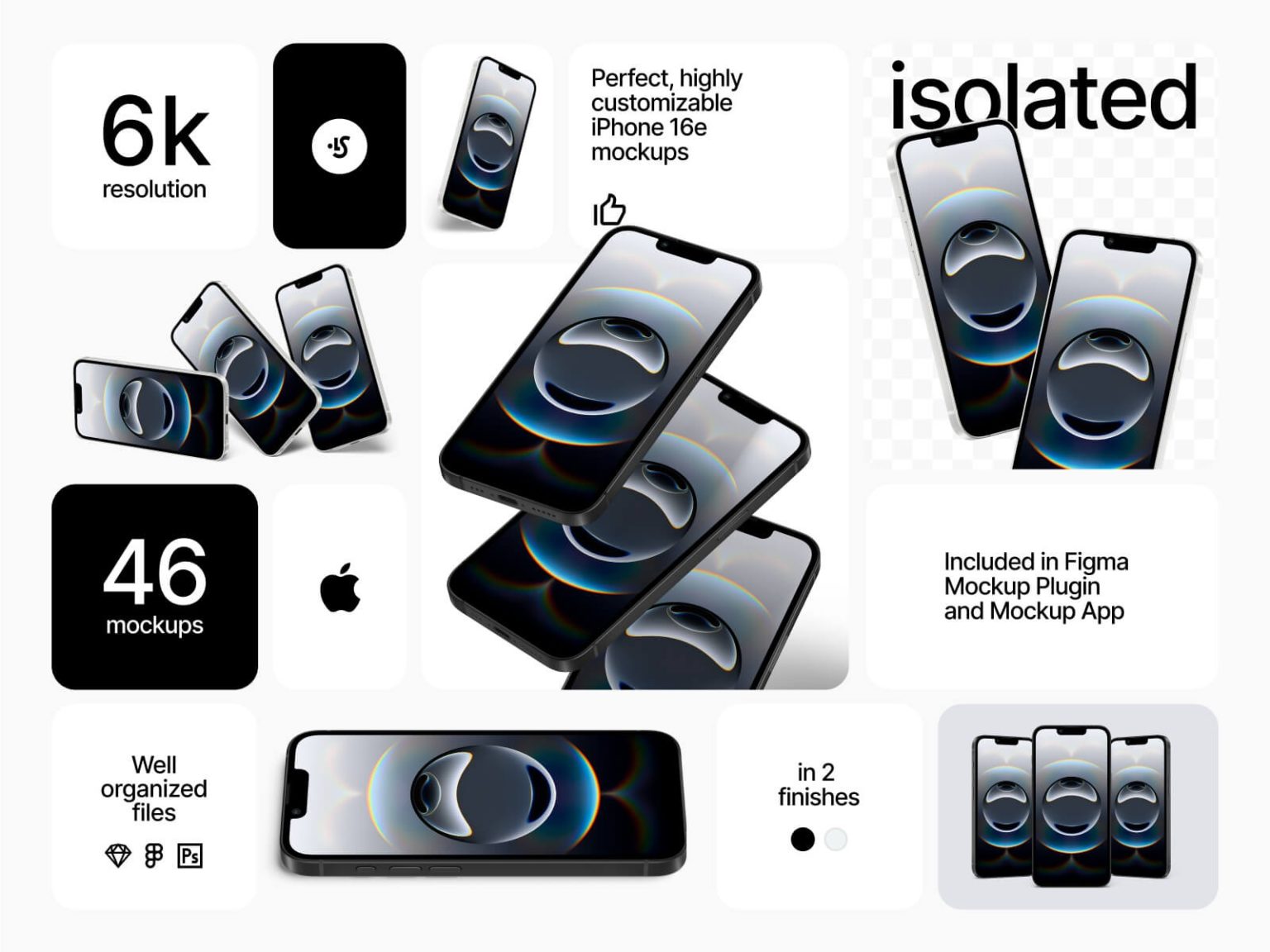 iPhone 16e Mockups 23款广告ui界面设计作品展示效果图苹果iPhone 16e手机ps/figma样机素材
