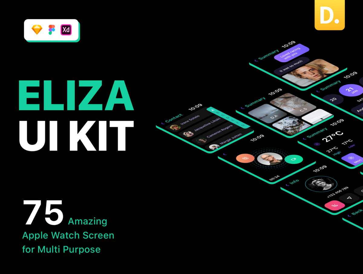 75款多用途苹果iwatch屏幕ui界面设计figma/xd/sketch格式素材套件 Eliza - Apple Watch UI Kit