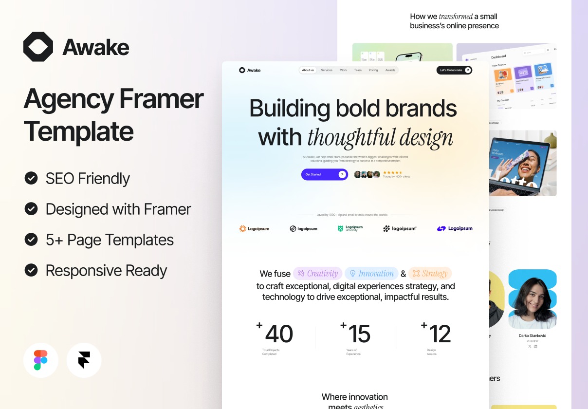 5屏响应式SaaS服务网络科技数字代理网站web ui界面设计figma/framer模板素材 Awake Agency Framer Template