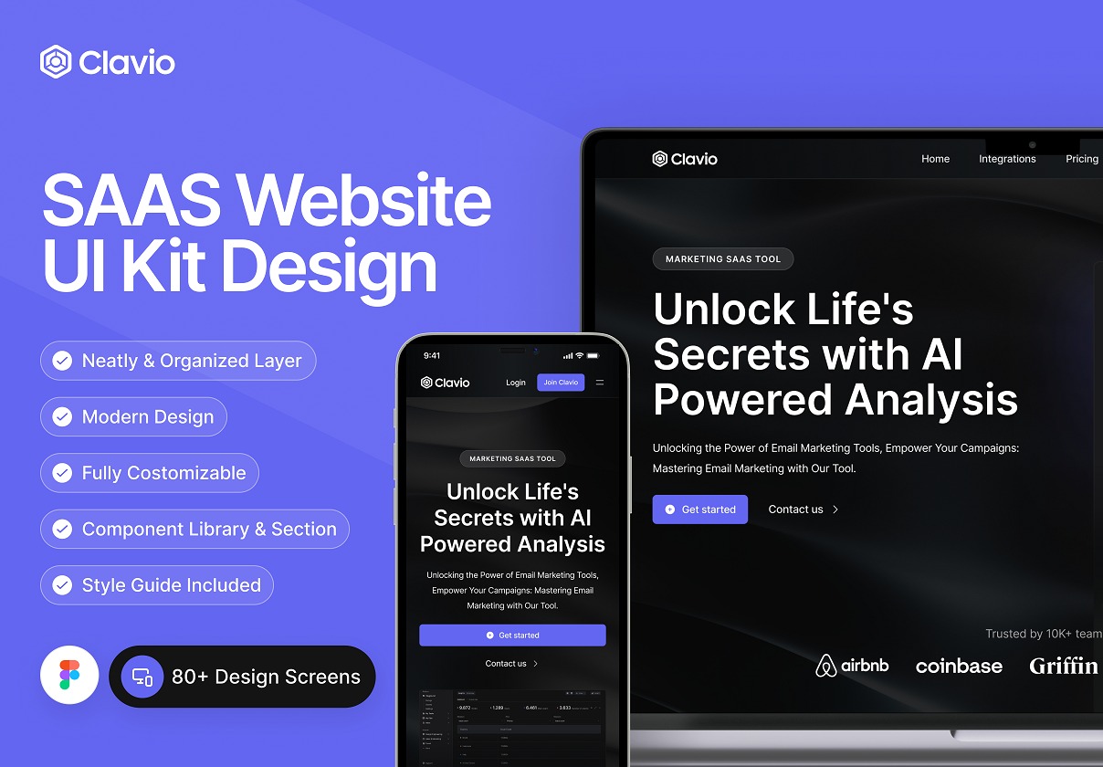 80+屏极简主义响应式SaaS服务企业网站ui界面设计figma格式模板素材 Clavio - SAAS Website UI Kit Design
