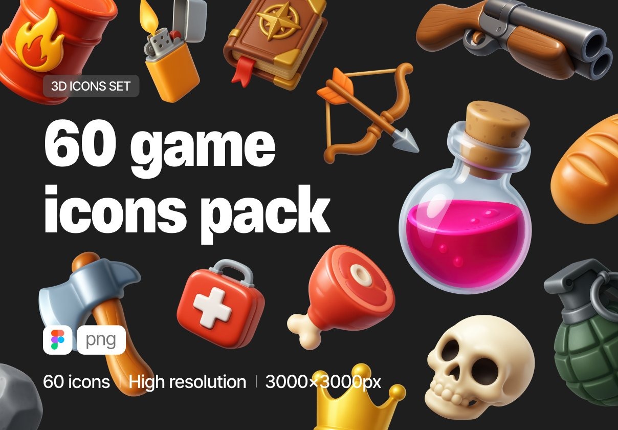 60款3d卡通RPG街机游戏装备道具插图icon图标figma/png免抠图素材 Game Assets 60 3D Icons