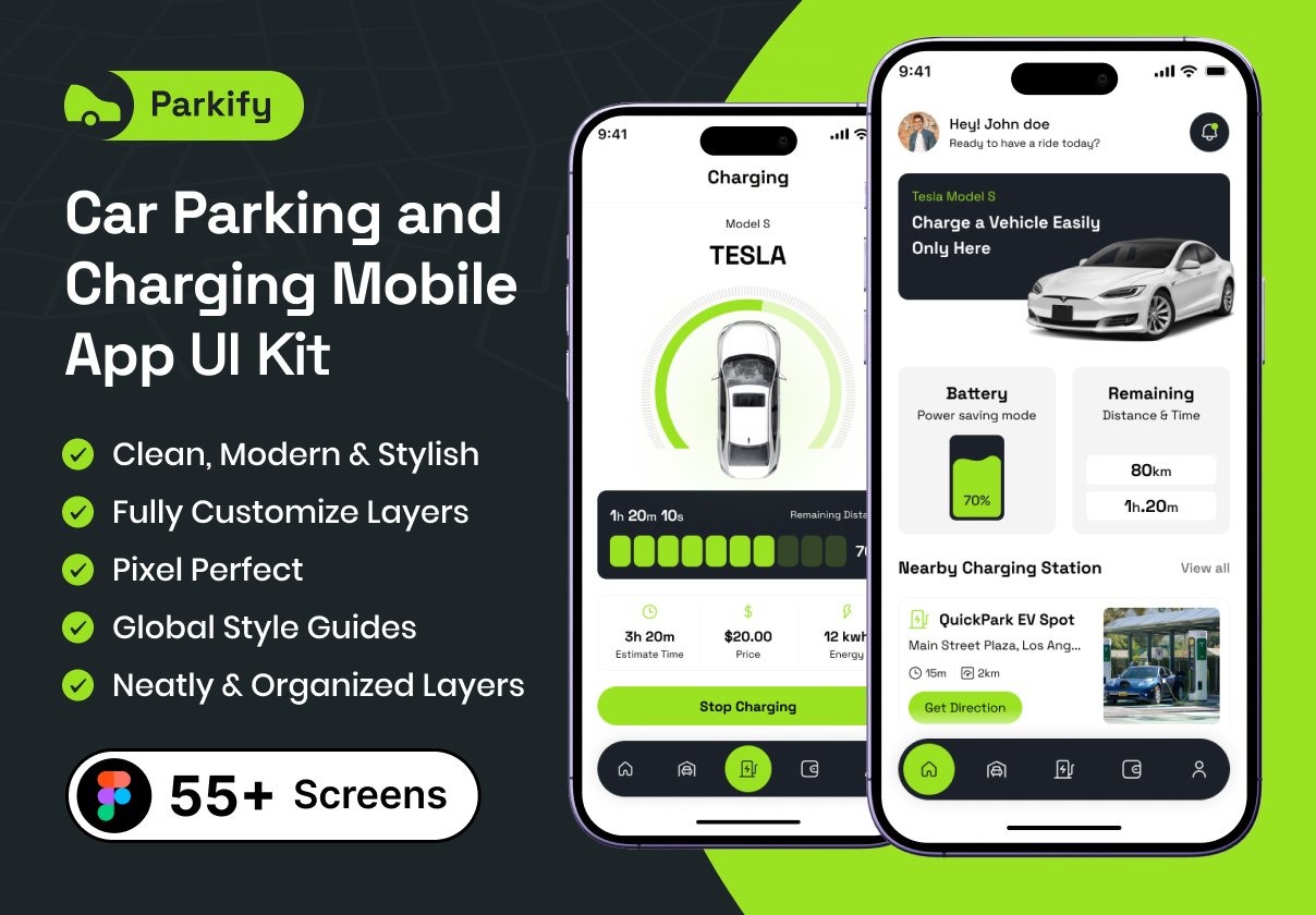 55+屏现代城市停车充电桩充电站移动app界面设计ui套件figma模板 Parkify - Car Parking and Charging Mobile APP UI Kit
