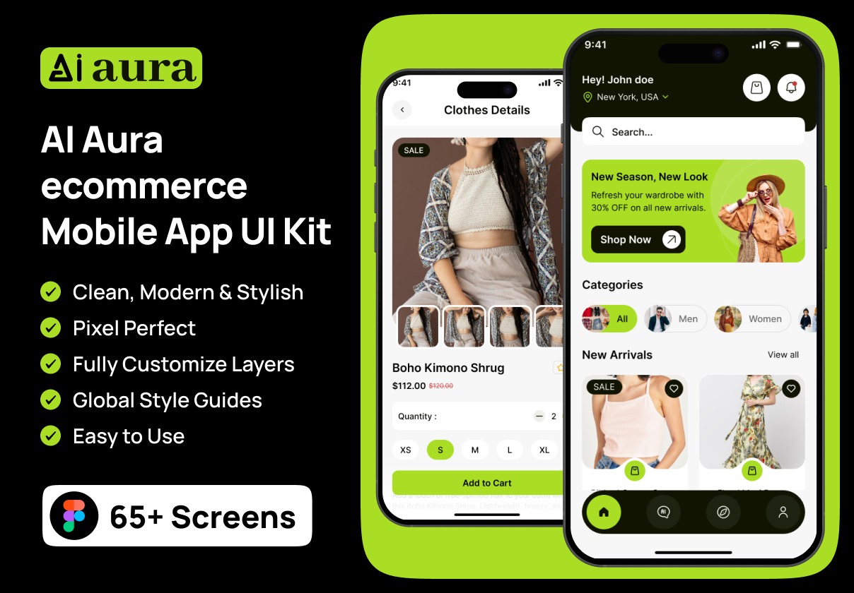 65+屏时尚AI智能购物电子商城APP设计UI套件Figma模板素材 AI Aura E-commerce Mobile App UI Kit