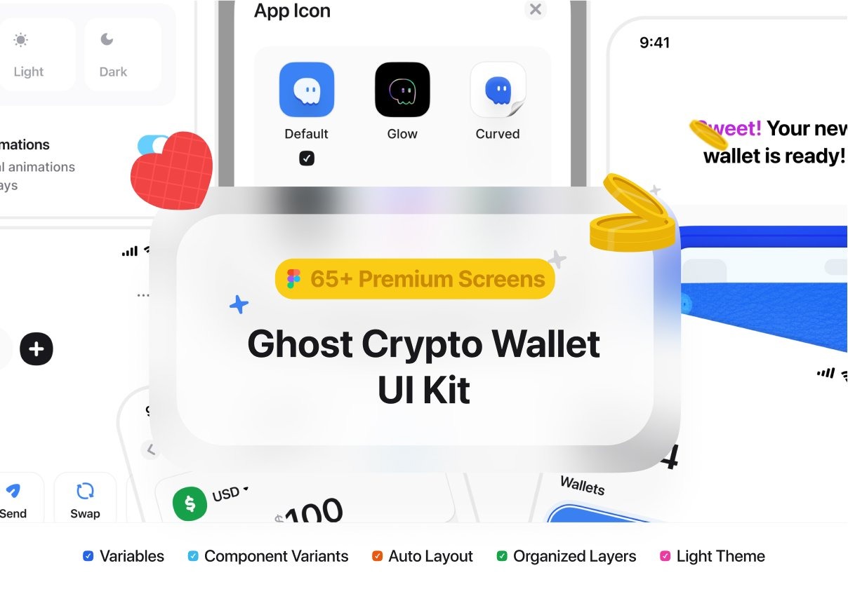 65+屏高级支付财务电子钱包软件app设计ui套件figma模板素材 Ghost - Crypto Wallet UI Kit