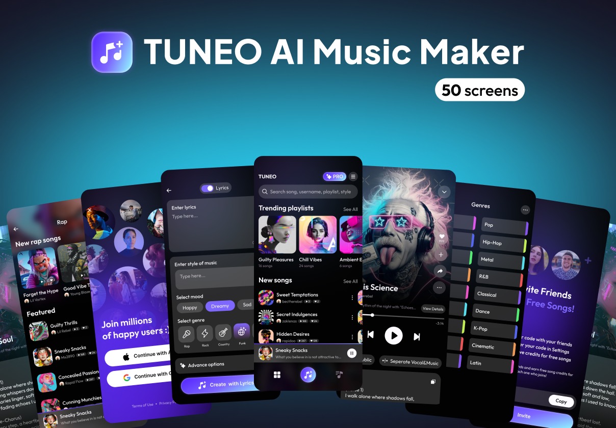 50+屏暗黑AI智能音乐生成器播放器APP设计UI套件Figma格式模板素材 Tuneo AI Music Maker