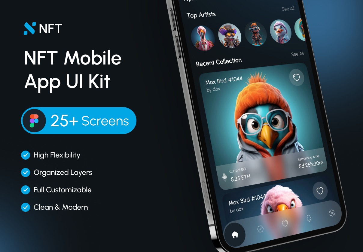 25+时尚精致NFT虚拟艺术品物品在线交易APP设计UI套件Figma模板素材 xNFT - Nft Market Mobile App UI Kit