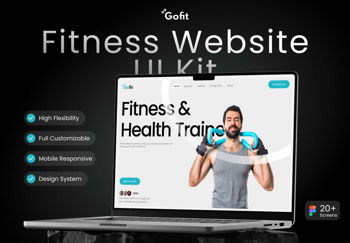 20+屏响应式健身锻炼网站用户登陆界面UI套件设计figma模板素材 GoFit - Fitness Website UI Kit