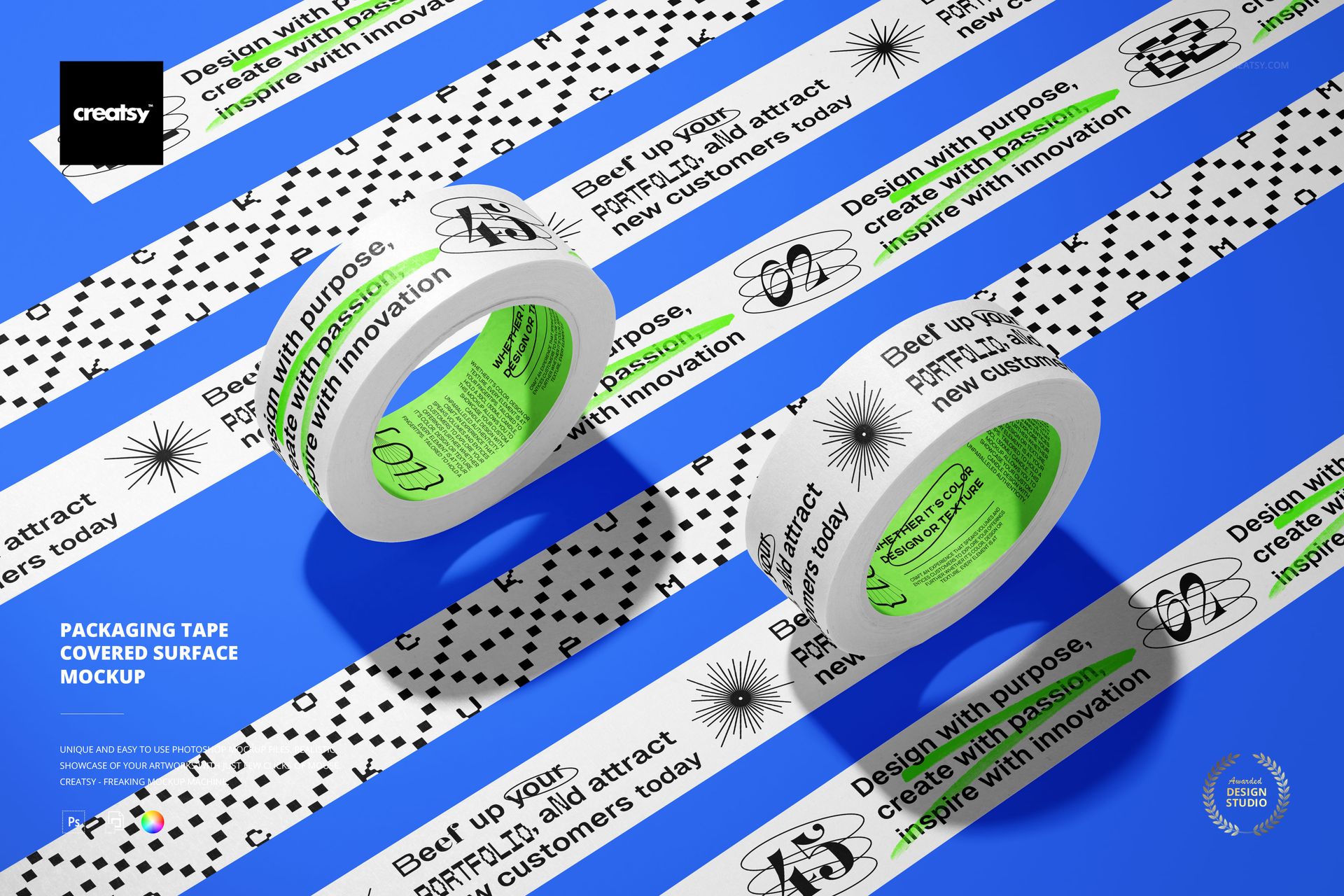 1款高级包装封装塑料胶带图案Logo品牌VI设计展示PS贴图样机模板 Packaging Tape Covered Surface ...