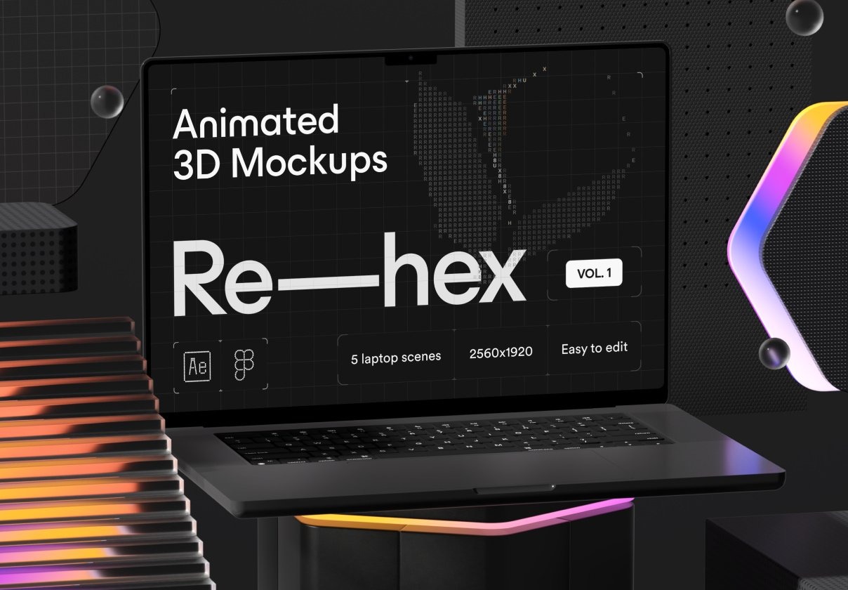 暗黑高级3D场景UI姐作品集设计AE动画/Figma格式样机模板素材 Rehex Vol.1 – Animated 3D Mockups