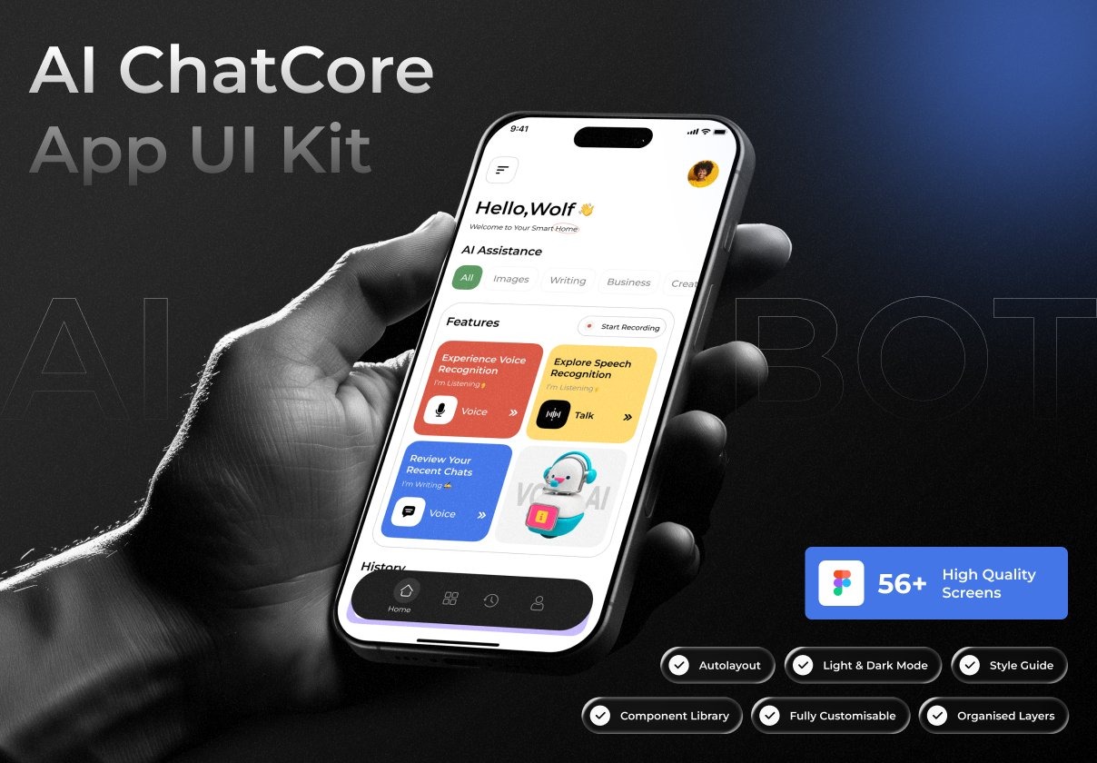 56+屏AI智能聊天机器人语音生成器app界面设计ui套件figma模板素材 ChatCore | AI Chat BOT App UI KIT