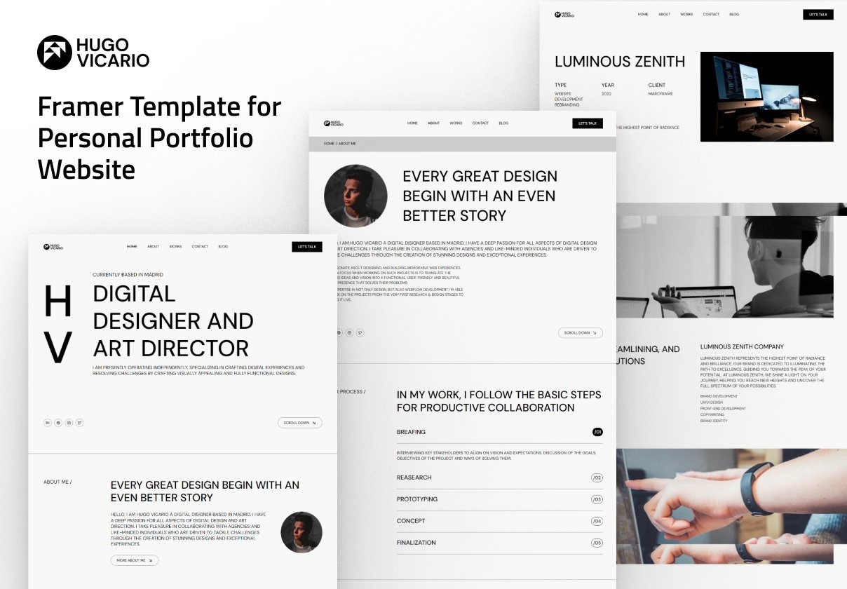 现代极简个人作品集工作室网站UI界面设计Framer模板素材Hugo Vicario - Framer Template For ...