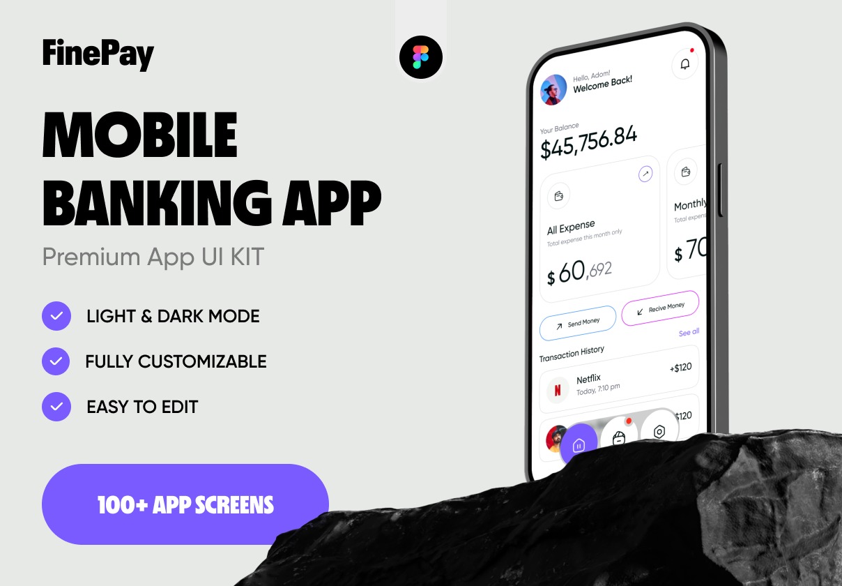 100+屏双配色金融科技财务管理银行电子钱包app ui界面设计figma模板 Mobile Banking App - FinePay